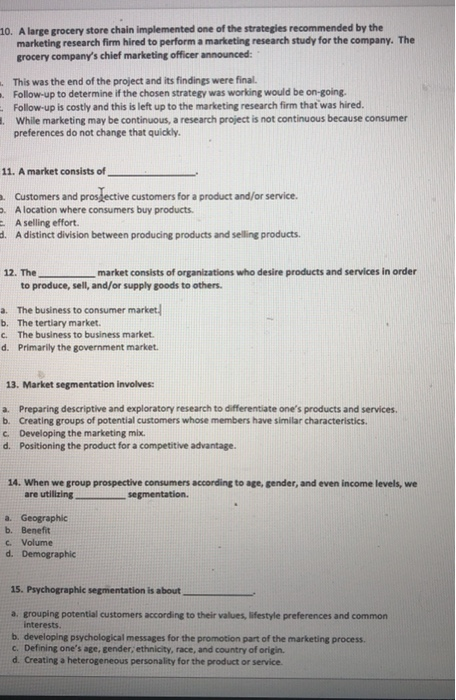 Solved 10. A large grocery store chain implemented one of | Chegg.com