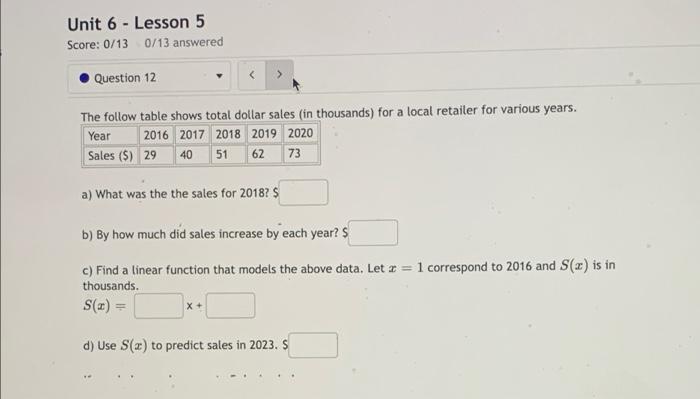 Solved Unit 6 - Lesson 5 Score: 0/130/13 answered Question | Chegg.com