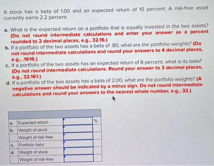 Solved A stock has a beta of 1.00 and an expected return of | Chegg.com