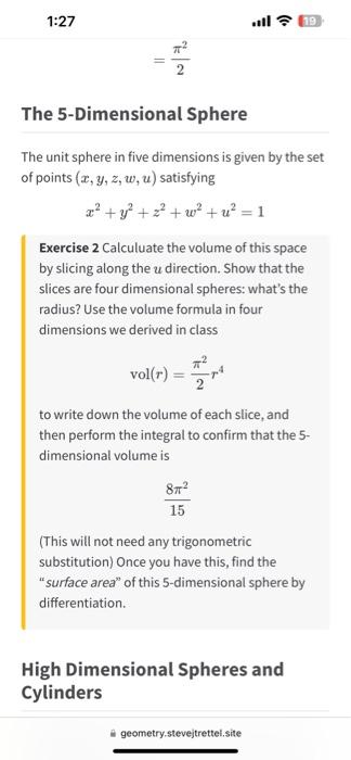 Solved 1:27 =2π2 The 5-Dimensional Sphere The unit sphere in | Chegg.com