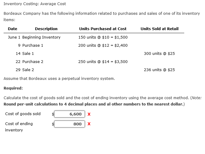 Inventory Costing: Average CostBordeaux Company has | Chegg.com