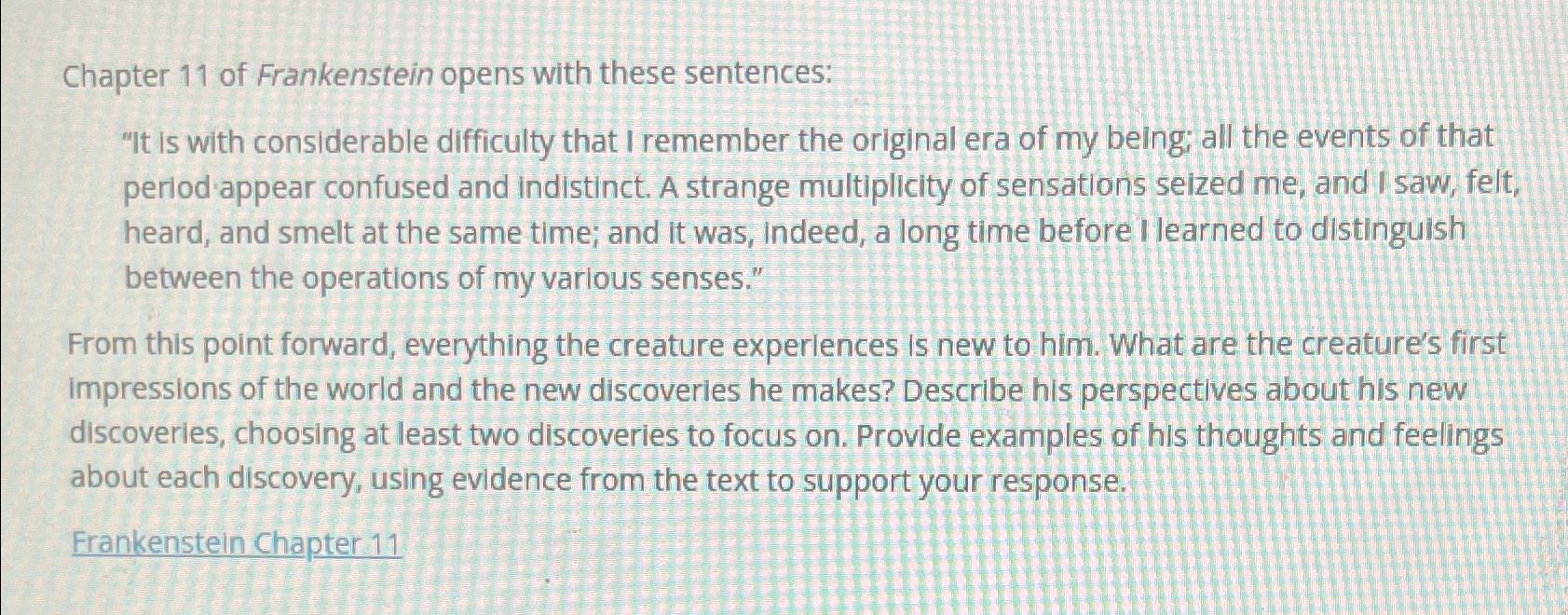 Solved Chapter 11 ﻿of Frankenstein opens with these | Chegg.com