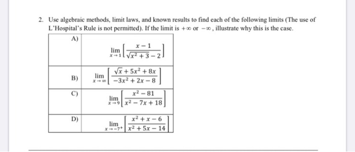 Solved 2. Use algebraic methods, limit laws, and known | Chegg.com