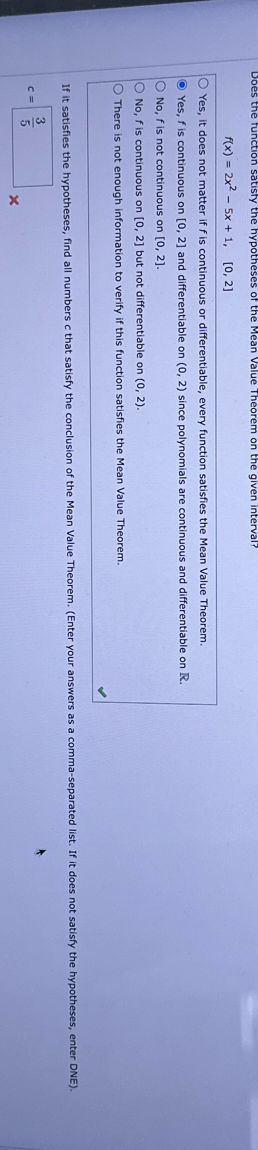 Solved Does the function satisfy the hypotheses of the Mean | Chegg.com