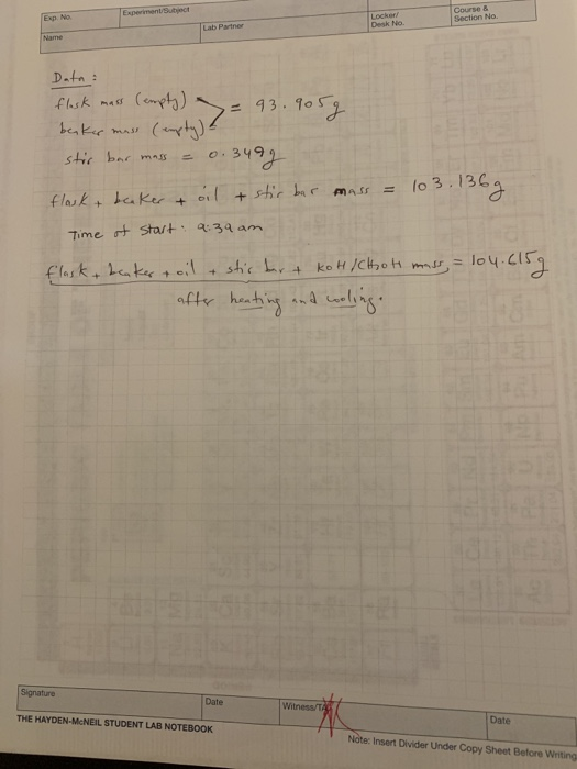 SYNTHESIS OF BIODIESEL REPORT FORM Name Drawer Number | Chegg.com