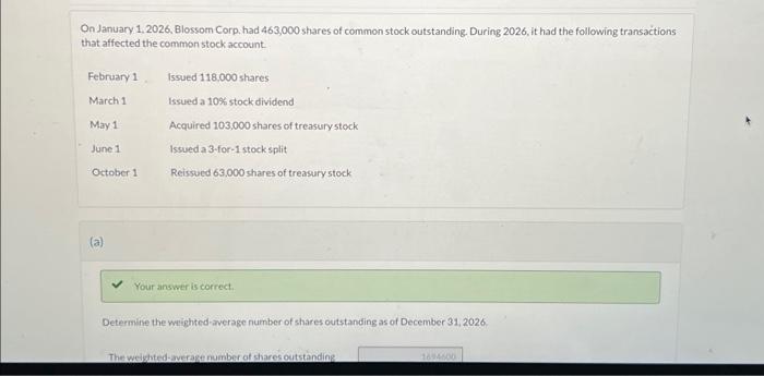 Solved On January 1, 2026. Blossom Corp. had 463,000 shares | Chegg.com