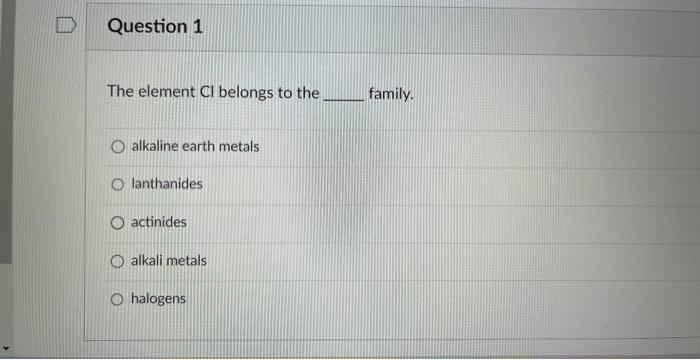 Solved The element Cl belongs to the family. alkaline earth | Chegg.com