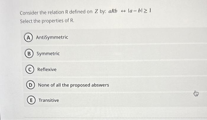Solved Consider the relation R defined on Z by: aRb↔∣a−b∣≥1 | Chegg.com