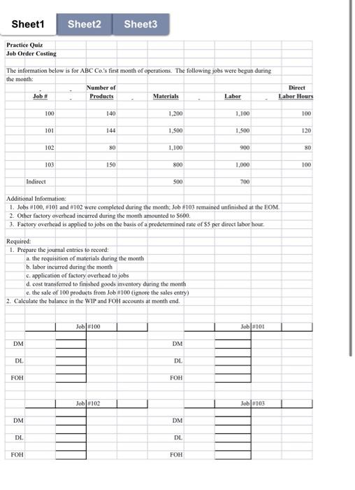 Solved Sheet1 Sheet2 Sheet3 Practice Quiz Job Order Casting | Chegg.com