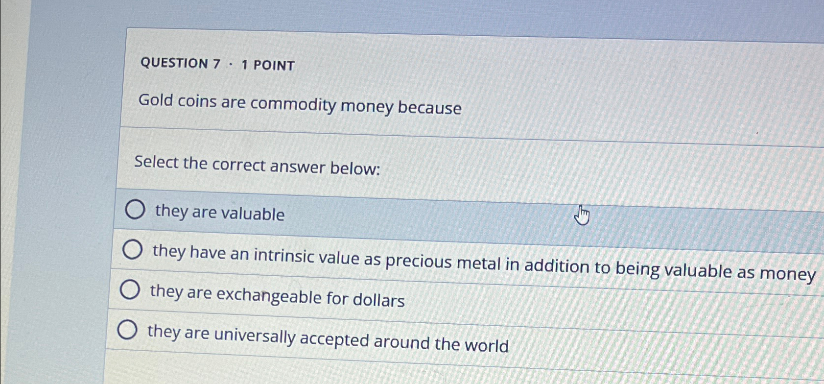 Solved QUESTION 7*1 ﻿POINTGold coins are commodity money | Chegg.com
