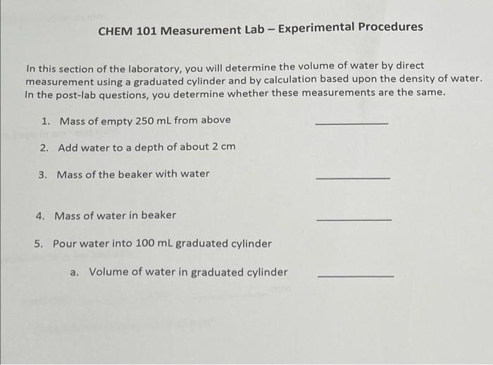 - CHEM 101 Measurement Lab - Experimental Procedures | Chegg.com