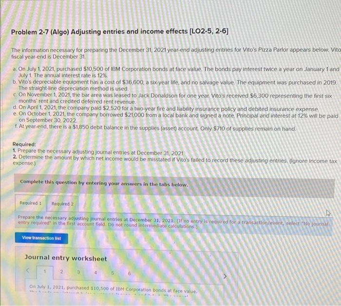 Solved Problem 2-7 (Algo) Adjusting entries and income | Chegg.com