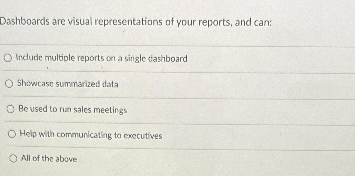 Solved Dashboards are visual representations of your | Chegg.com
