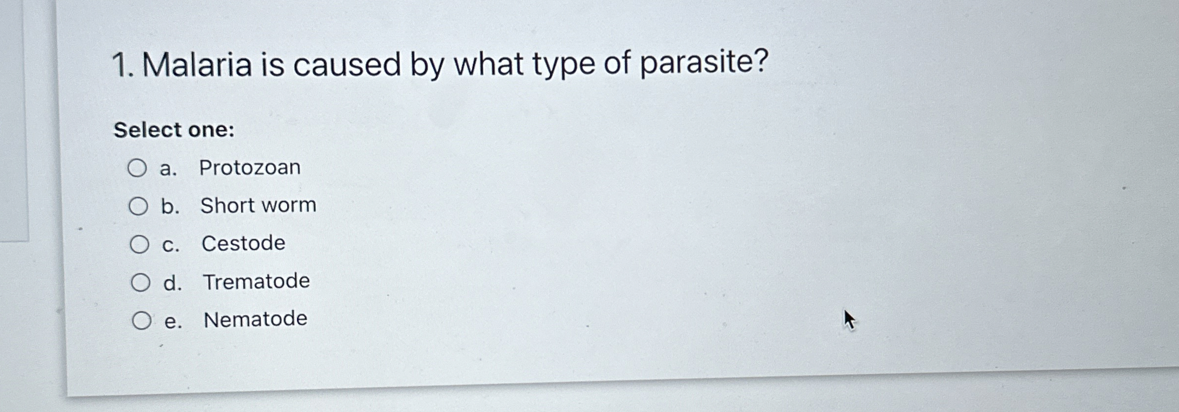 Solved Malaria is caused by what type of parasite?Select | Chegg.com