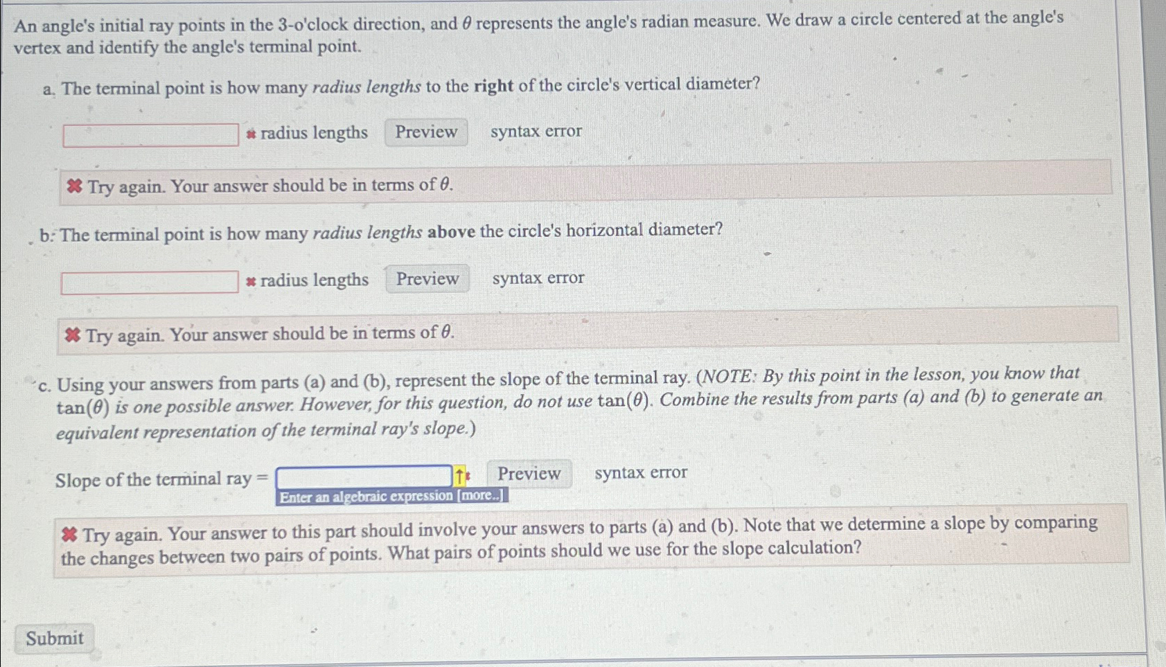 Solved An angle's initial ray points in the 3-o'clock | Chegg.com