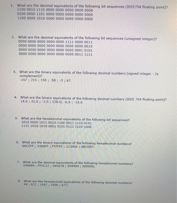 Solved 1. What are the decimal equivalents of the following | Chegg.com