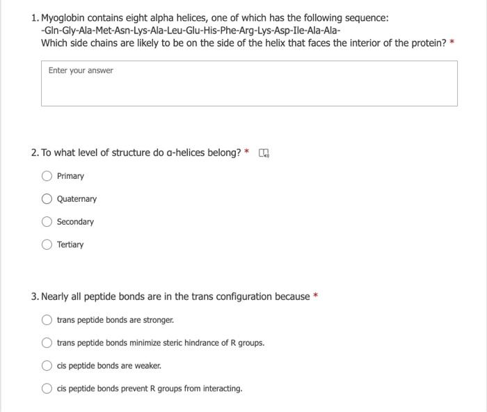 Solved 1. Myoglobin contains eight alpha helices, one of | Chegg.com