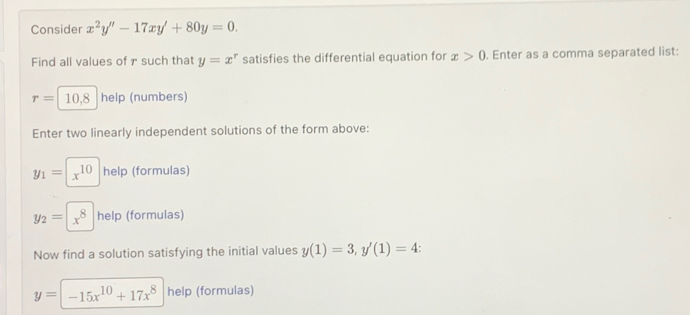 Consider x2y''-17xy'+80y=0.Find all values of r ﻿such | Chegg.com