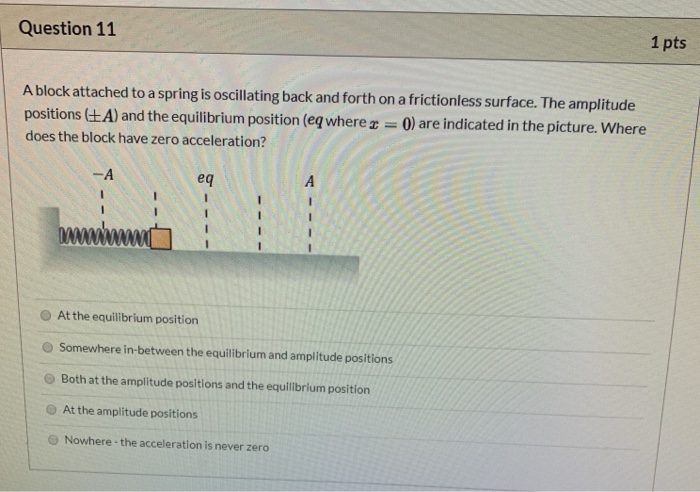 Solved Question 11 1 pts A block attached to a spring is | Chegg.com