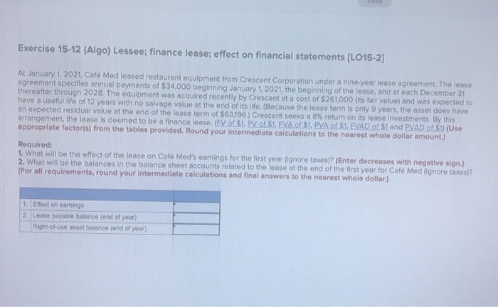 Exercise 15-9 (Algo) Lessor calculation of annual | Chegg.com
