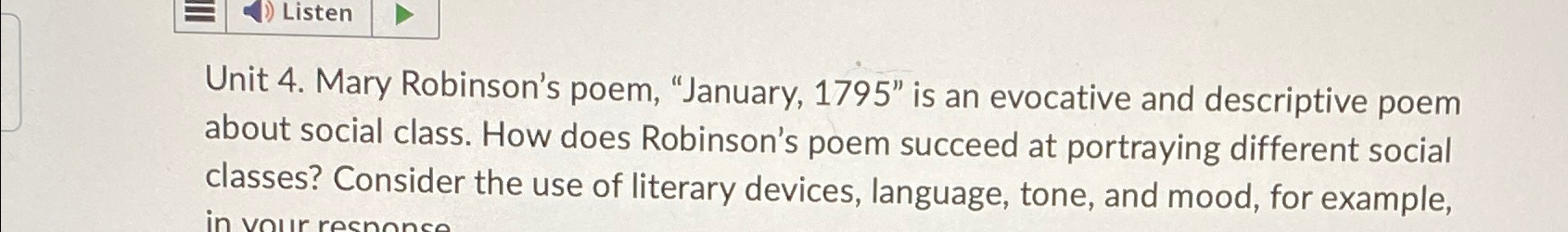 Solved Unit 4. ﻿Mary Robinson's poem, "January, 1795" ﻿is an | Chegg.com