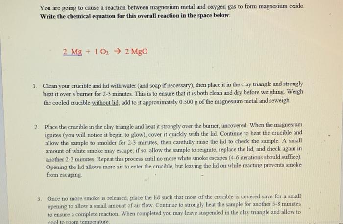 Solved You are going to cause a reaction between magnesium | Chegg.com