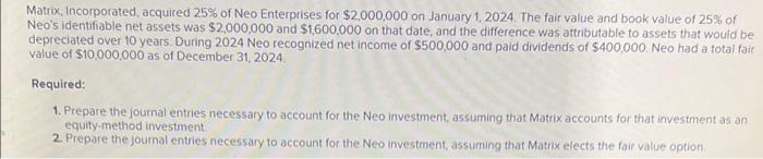 Matrix, Incorporated, acquired 25% of Neo Enterprises | Chegg.com Matrix, Incorporated, acquired 25% of Neo Enterprises | Chegg.com