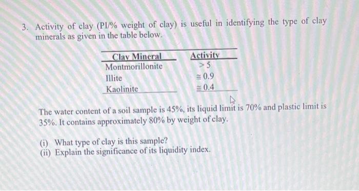 Solved 3. Activity of clay (PI/\% weight of clay) is useful | Chegg.com