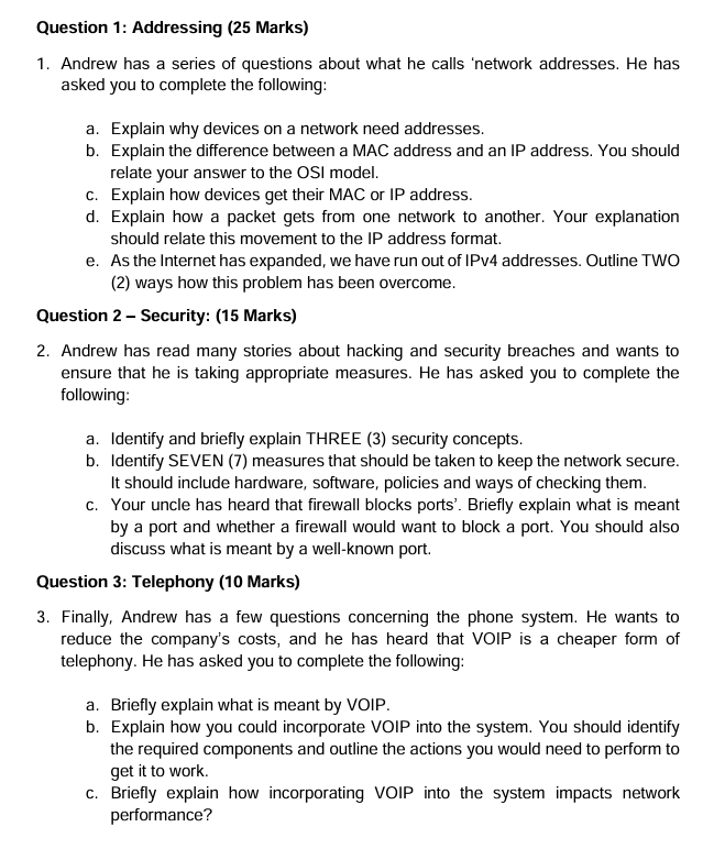 Solved Question 1: Addressing (25 ﻿Marks) ﻿Andrew has a | Chegg.com