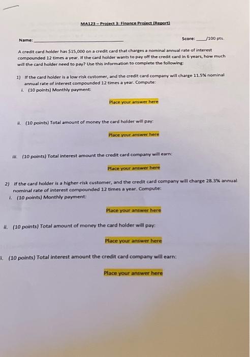 Solved Name: MA123 - Project 3: Finance Project (Report) A | Chegg.com