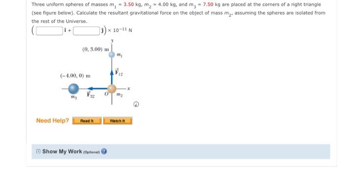 Solved Three uniform spheres of masses m1=3.50 kg,m2=4.00 | Chegg.com