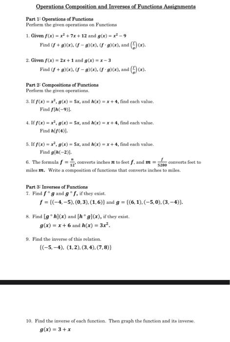 Solved Operations Composition and Inverses of Functions | Chegg.com