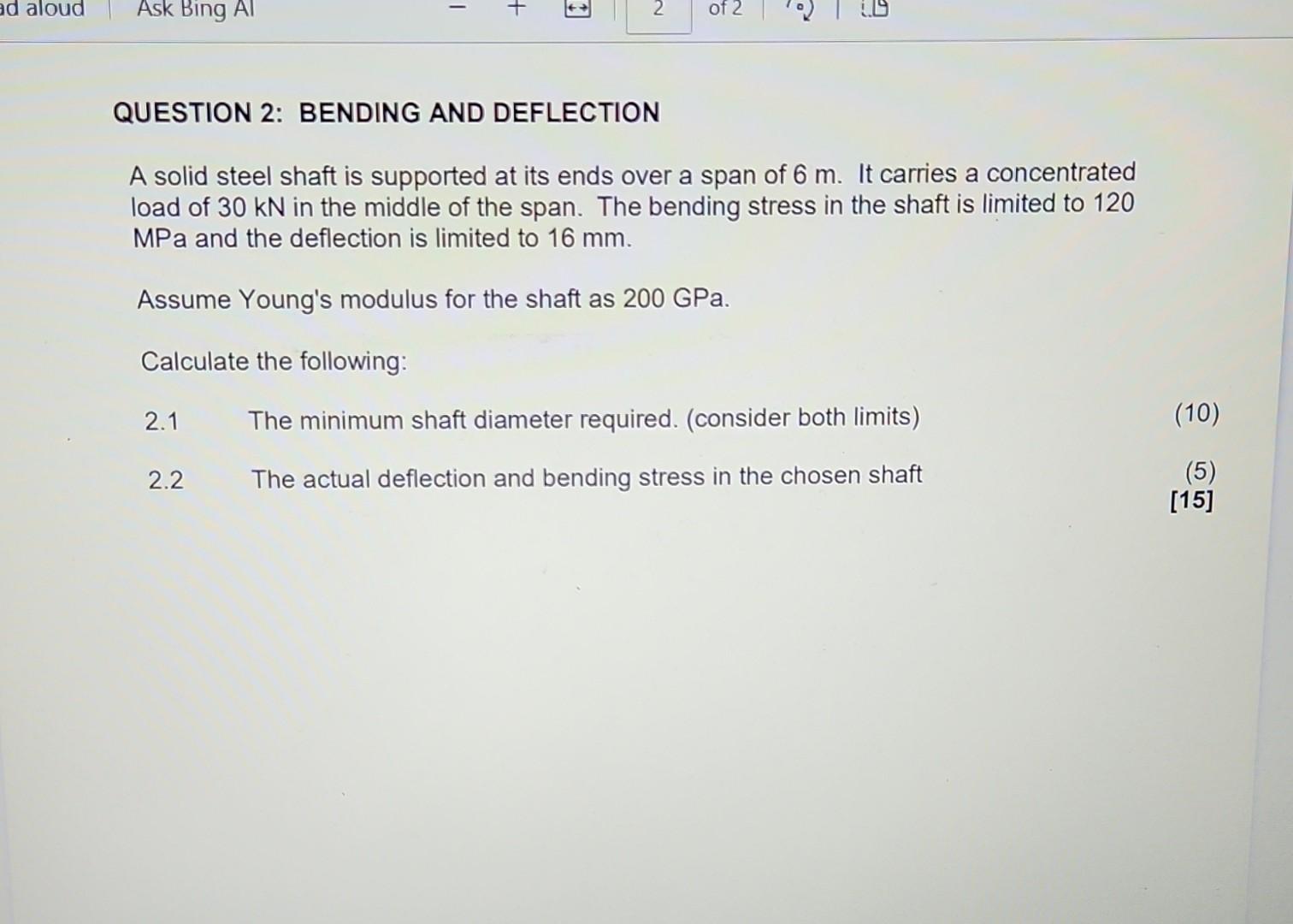 Solved QUESTION 2: BENDING AND DEFLECTION A solid steel | Chegg.com