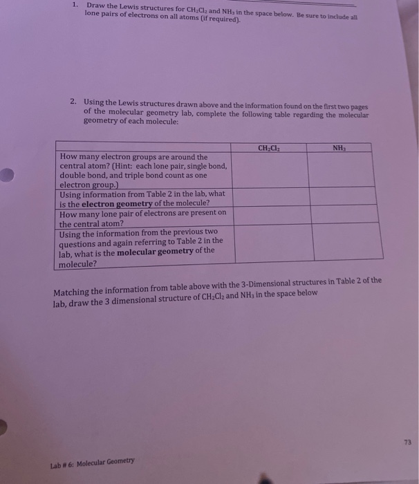 Solved 1. Draw the Lewis structures for CH2Cl, and NH, in | Chegg.com
