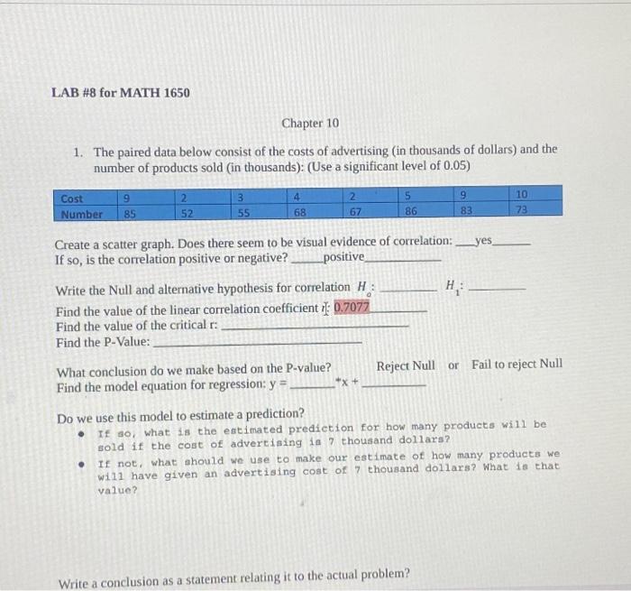 Solved LAB #8 for MATH 1650 Chapter 10 1. The paired data | Chegg.com