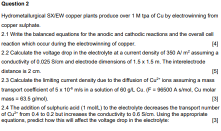 Solved Hydrometallurgical SX/EW copper plants produce over 1 | Chegg.com