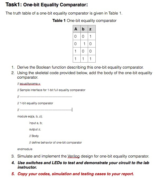 Solved Task1: One-bit Equality Comparator: The truth table | Chegg.com