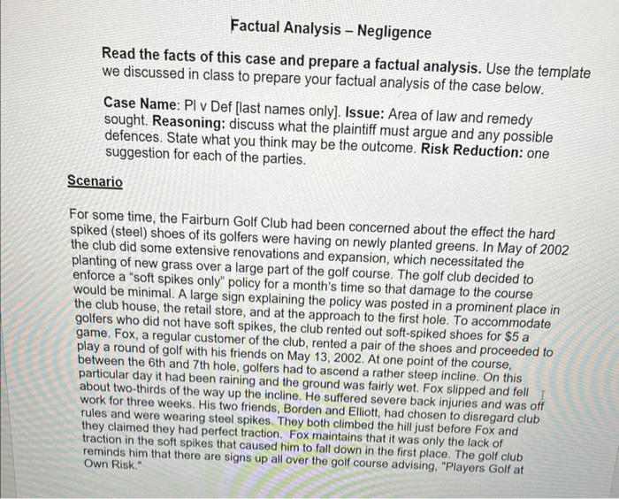 Solved Factual Analysis - Negligence Read the facts of this | Chegg.com