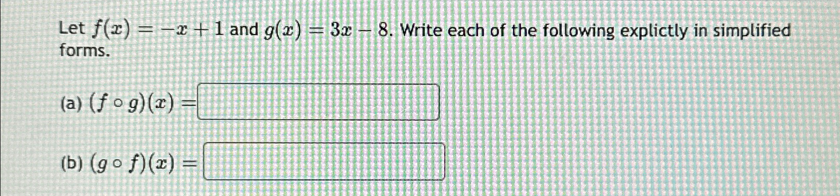 Solved Let f(x)=-x+1 ﻿and g(x)=3x-8. ﻿Write each of the | Chegg.com