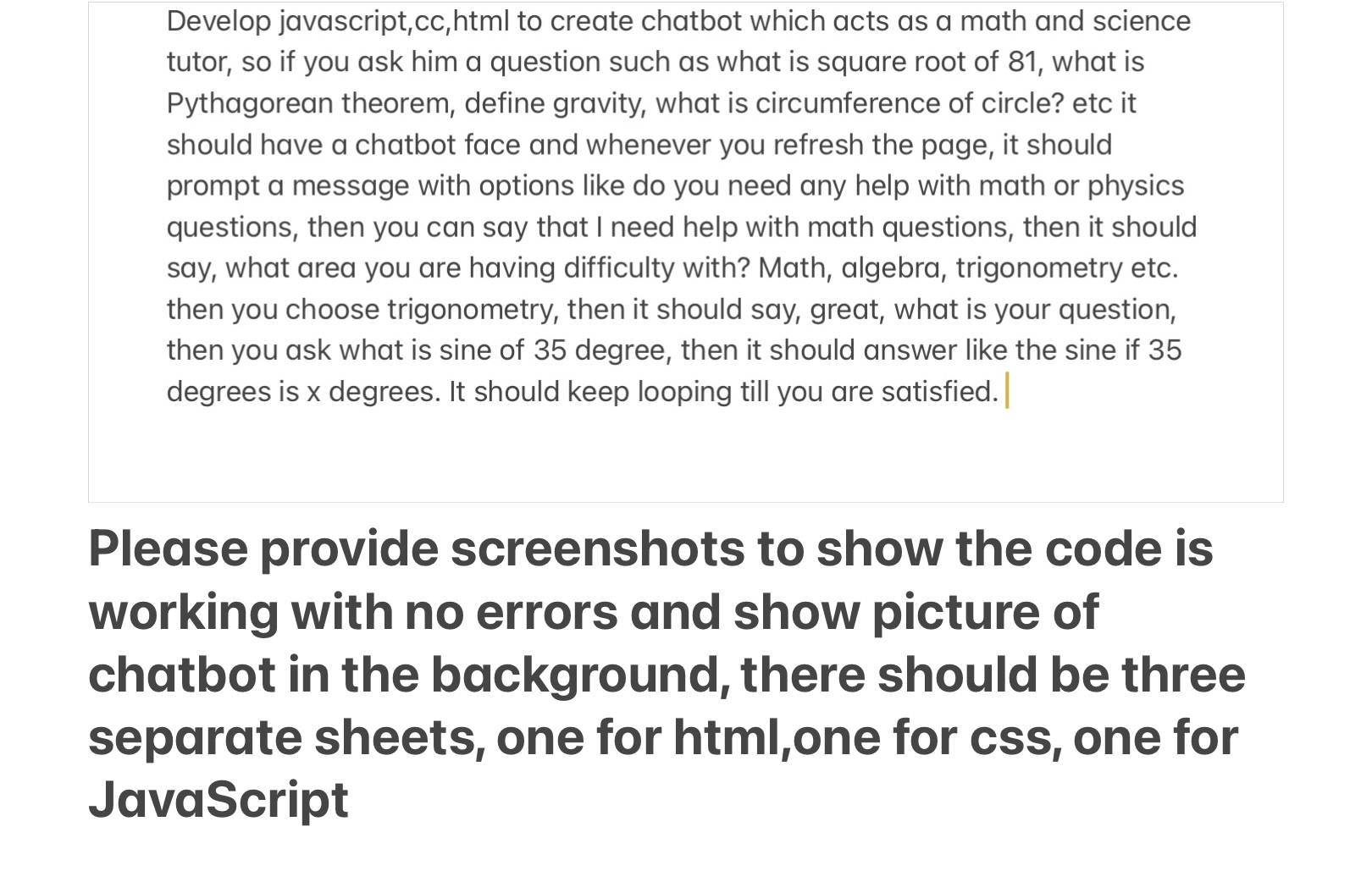 Develop javascript,cc,html to create chatbot which | Chegg.com