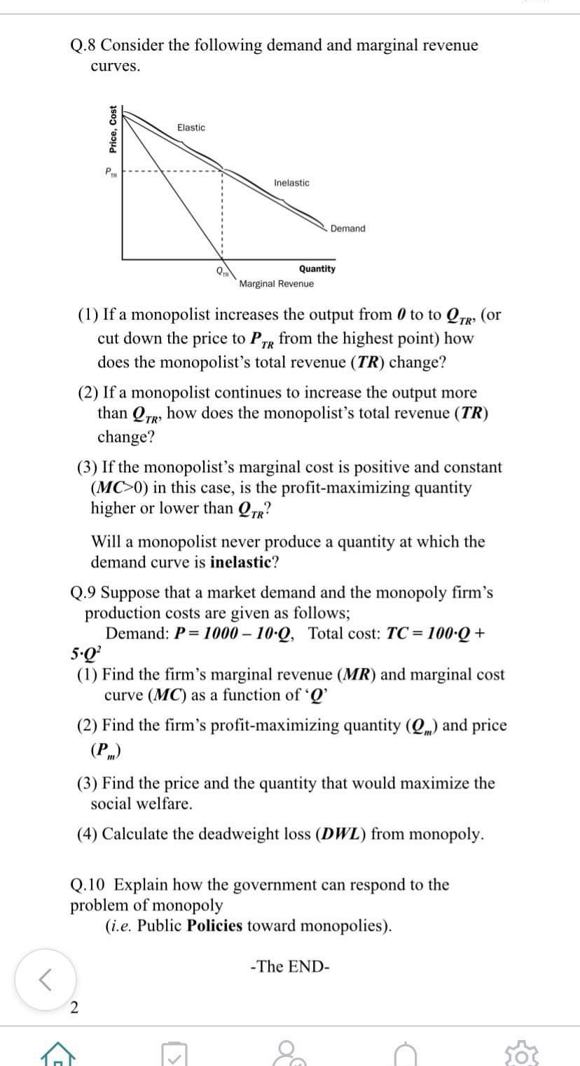 Solved Q. 8 ﻿Consider the following demand and marginal | Chegg.com