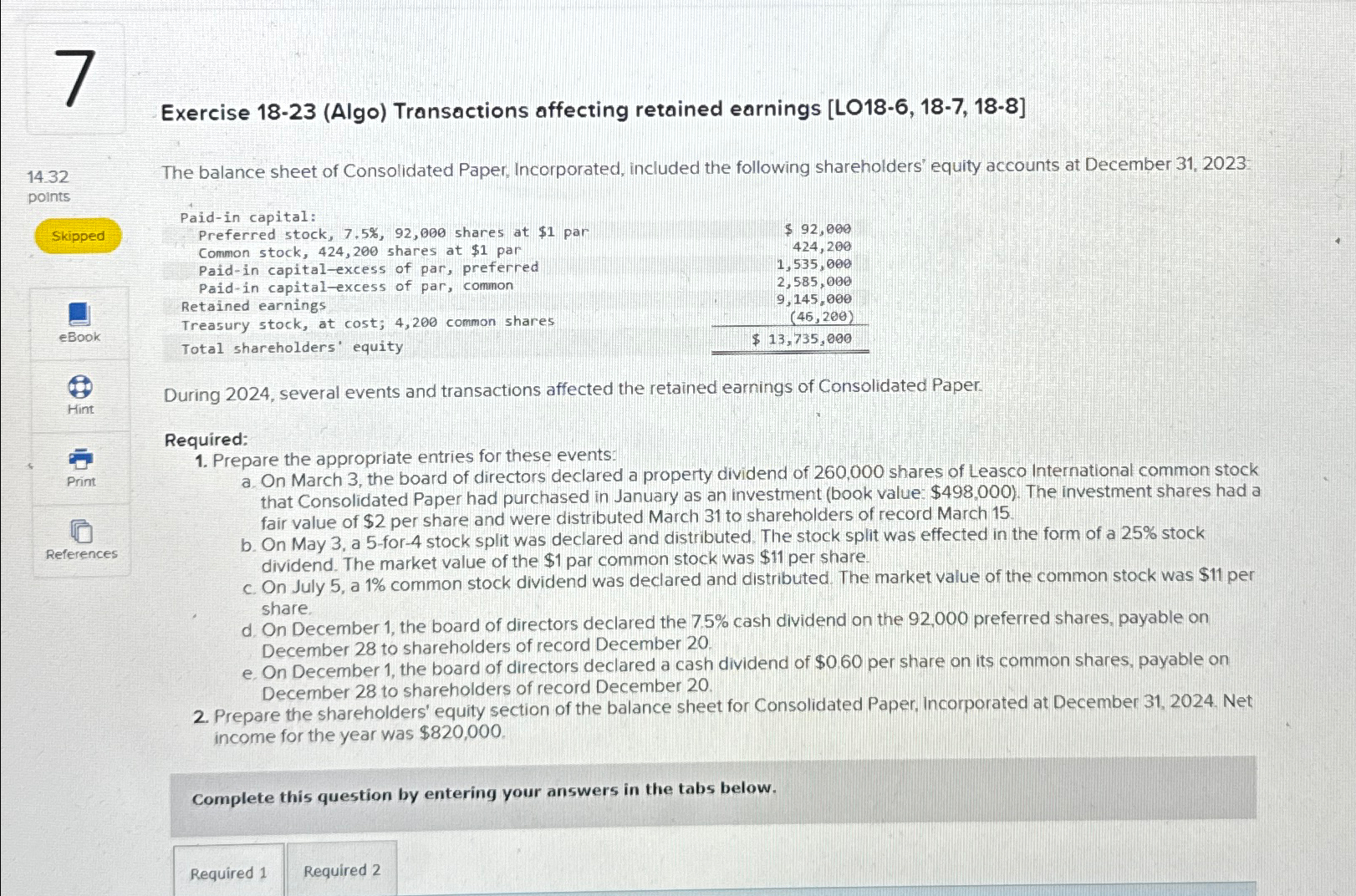 Solved Exercise 18-23 (Algo) ﻿Transactions affecting | Chegg.com