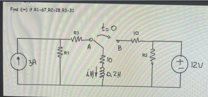 Solved Find i() if R1=67,R2=28,R3=31 R3 wo A 3A int R1 to o | Chegg.com