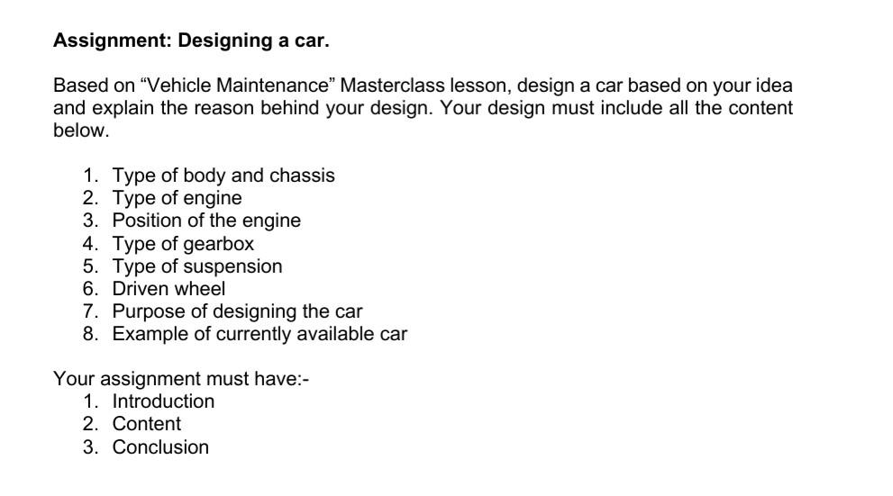 Solved Assignment: Designing a car. Based on “Vehicle | Chegg.com