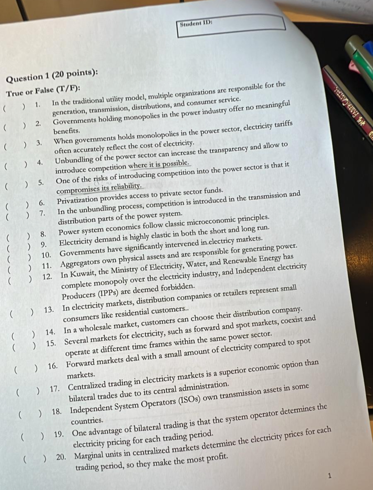 Solved Student IDiQuestion 1 (20 ﻿points):True or False | Chegg.com