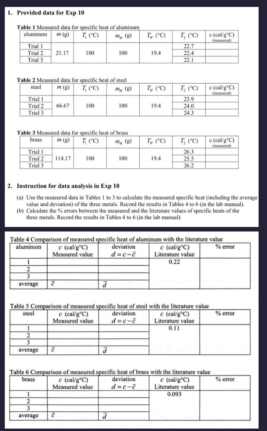 Solved I want to know how to calculate c(cal/g)Provided data | Chegg.com
