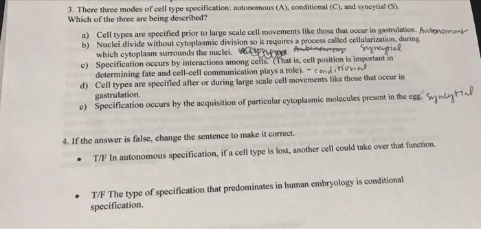 Solved 3. There three modes of cell type specification: | Chegg.com