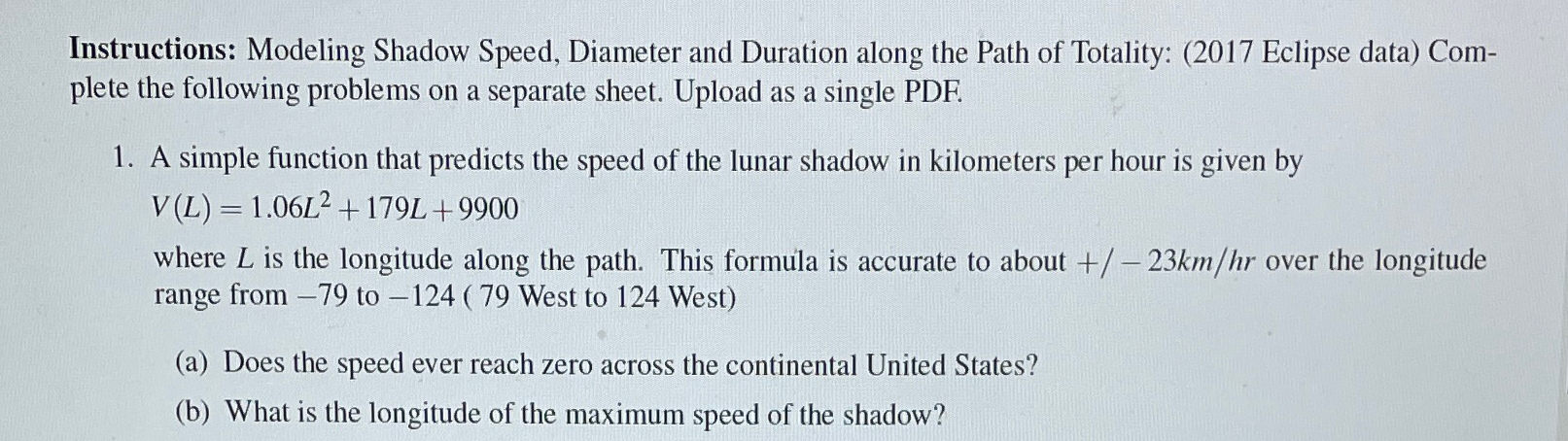 Solved Instructions: Modeling Shadow Speed, Diameter and | Chegg.com