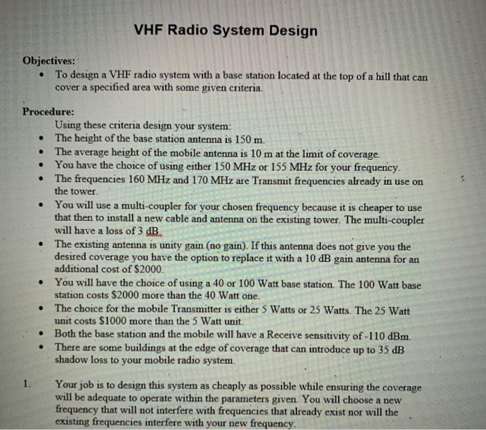VHF Radio System Design Objectives: To design a VHF | Chegg.com