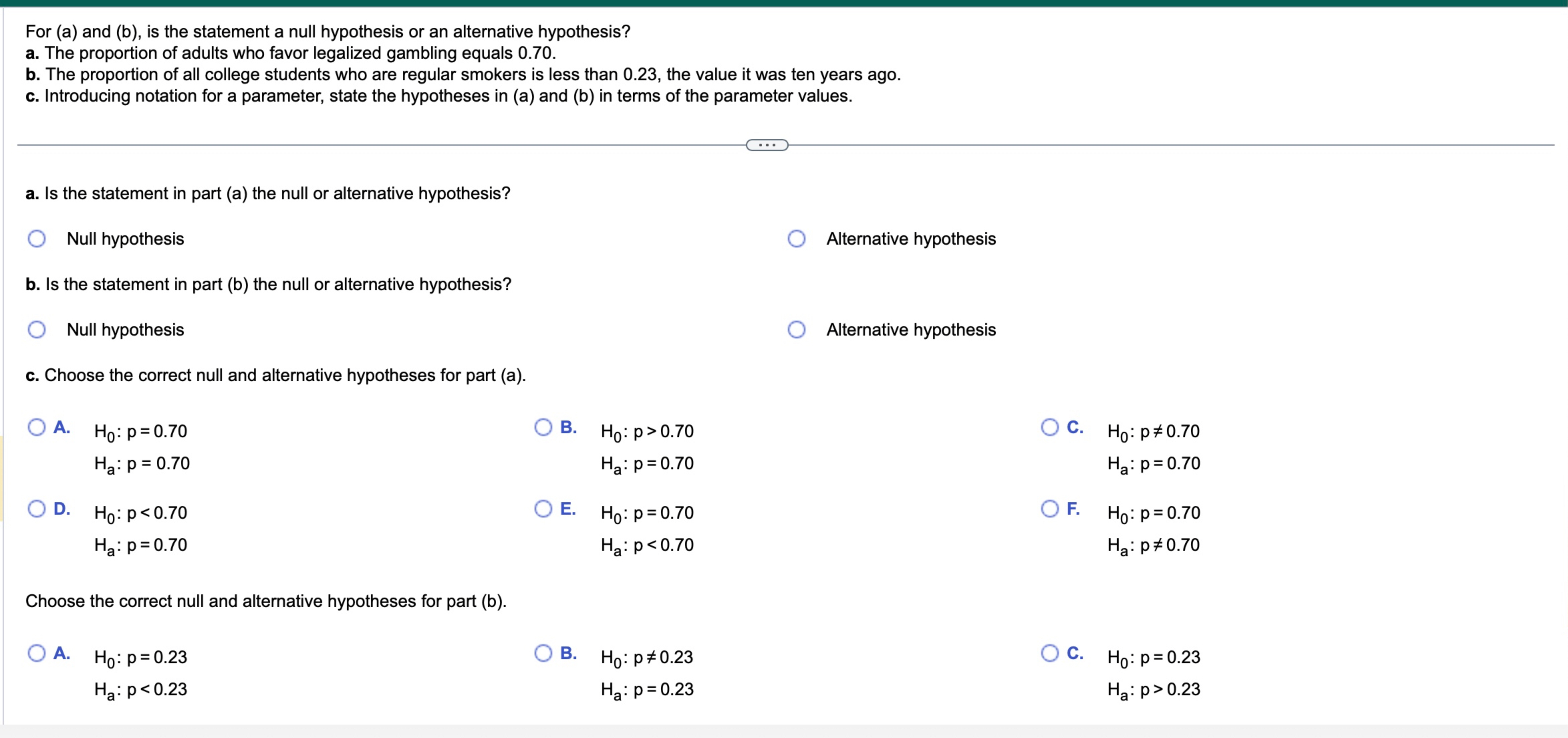 Solved For (a) ﻿and (b), ﻿is the statement a null hypothesis | Chegg.com